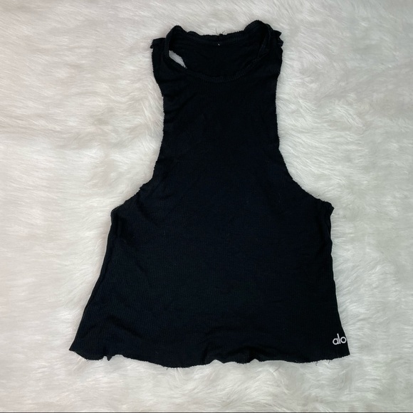 ALO Yoga | Tops | Alo Black Distressed Thermal Texture Cutoff Tank Top ...